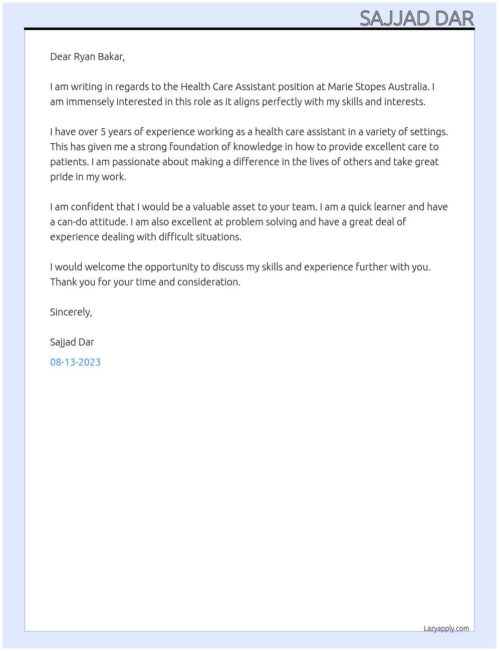 Cover letter for health care assistant - LazyApply