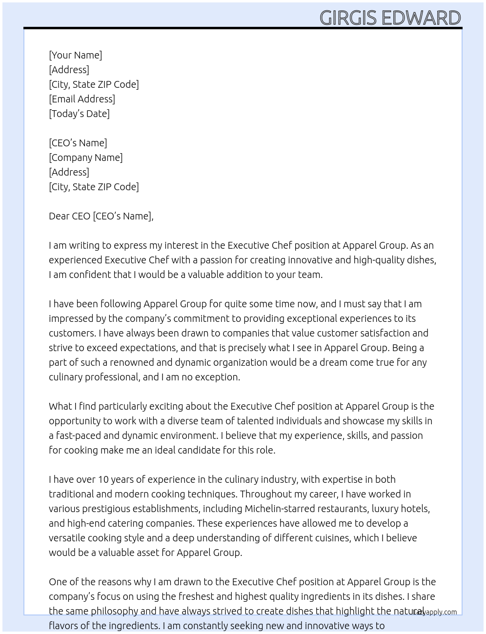 Cover letter for executive chef - LazyApply