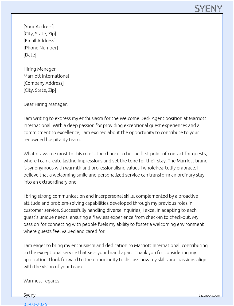 Cover letter for welcome desk agent - LazyApply