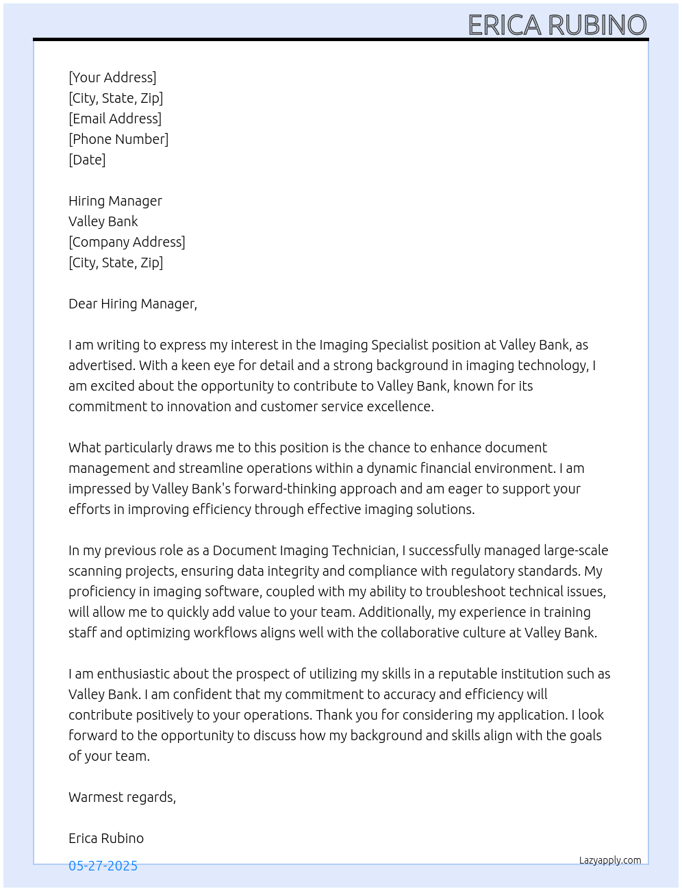Cover letter for imaging specialist - LazyApply