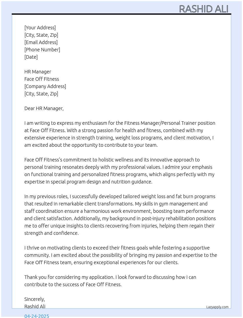 Cover letter for fitness manager /personal trainer - LazyApply
