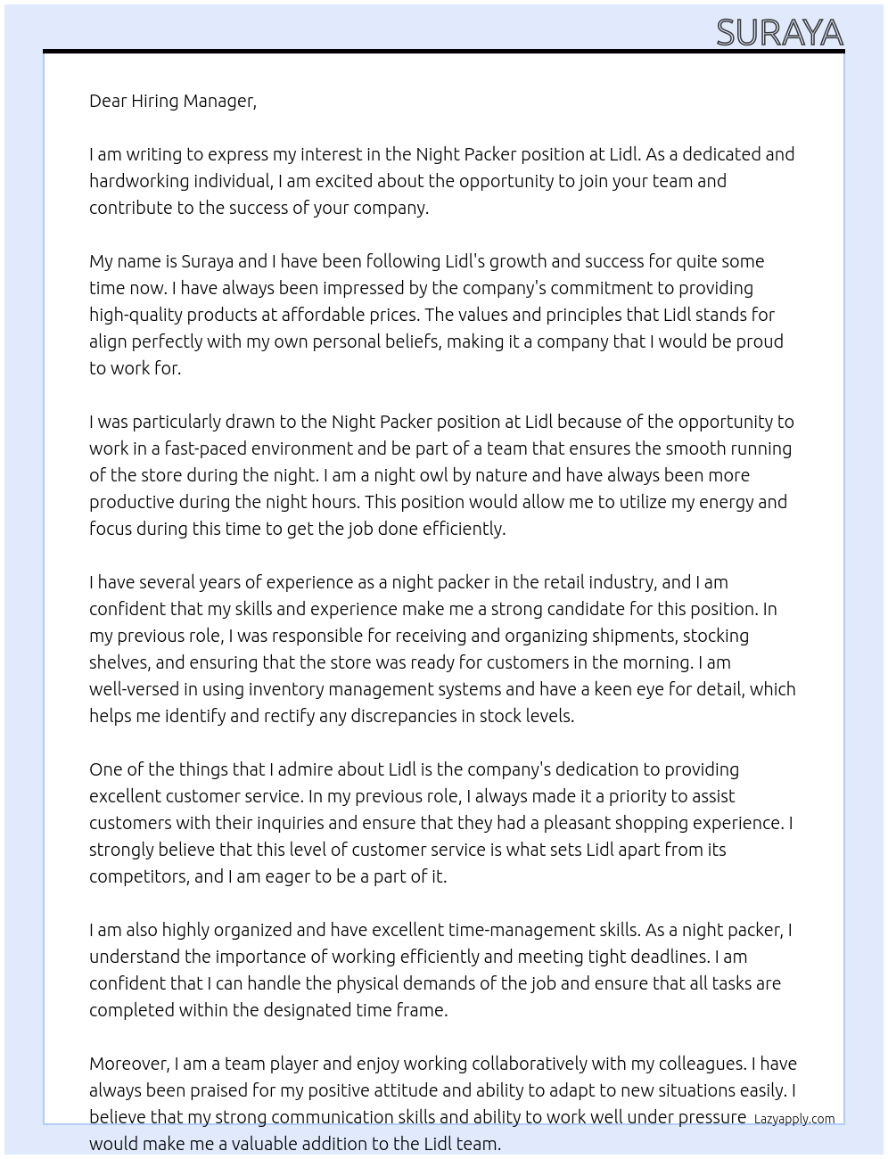 Cover letter for night packer - LazyApply