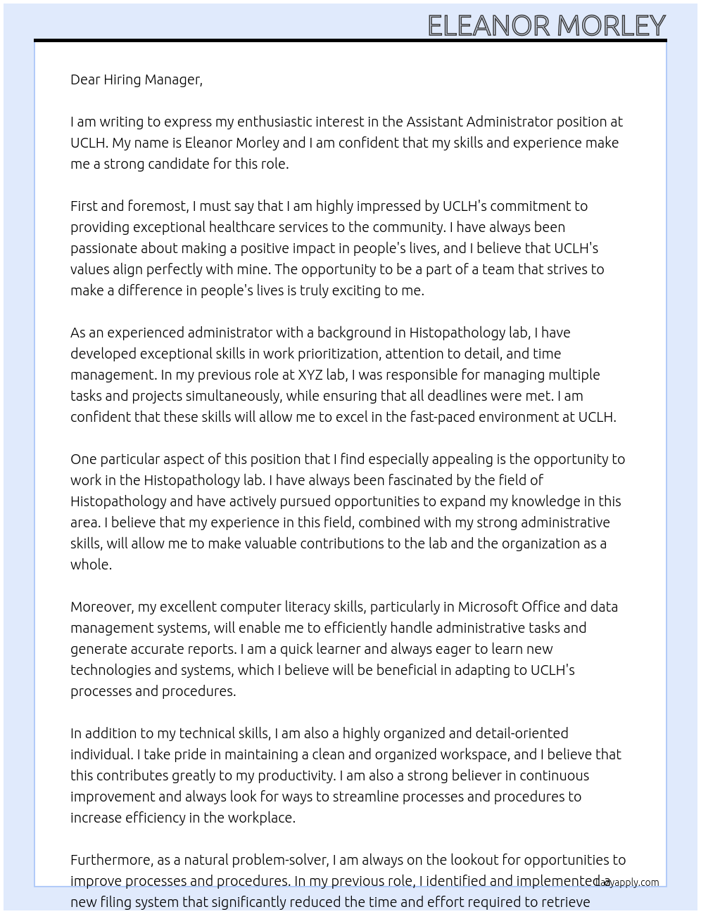 Cover letter for assistant administrator - LazyApply