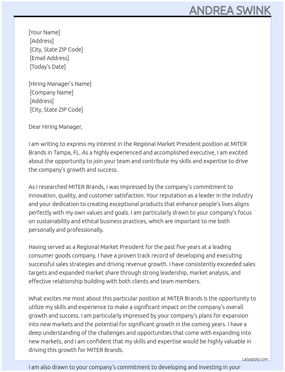Cover letter for regional market president - LazyApply