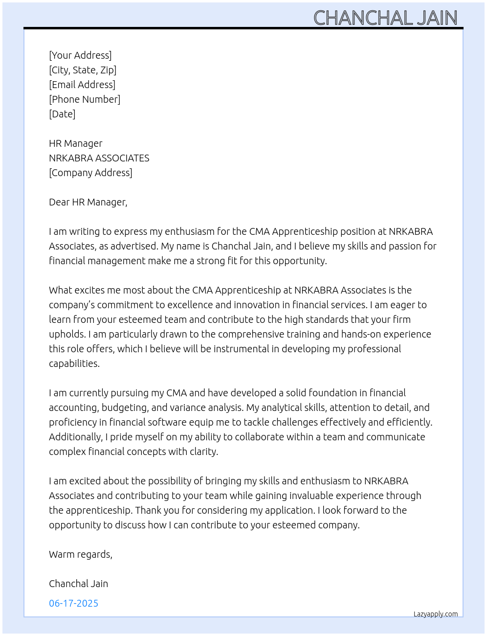 Cover letter for cma articeship - LazyApply
