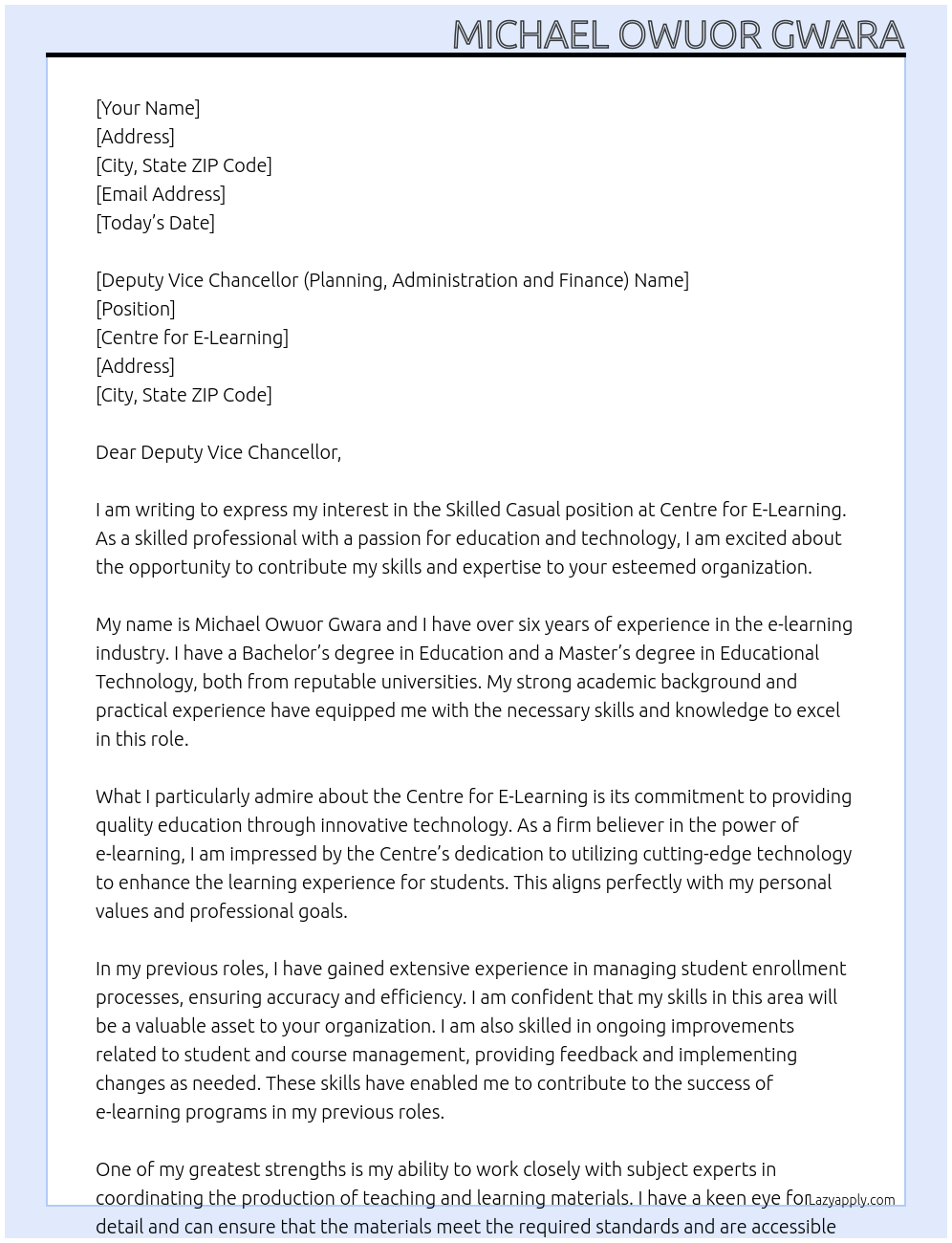 Cover letter for skilled casual - LazyApply