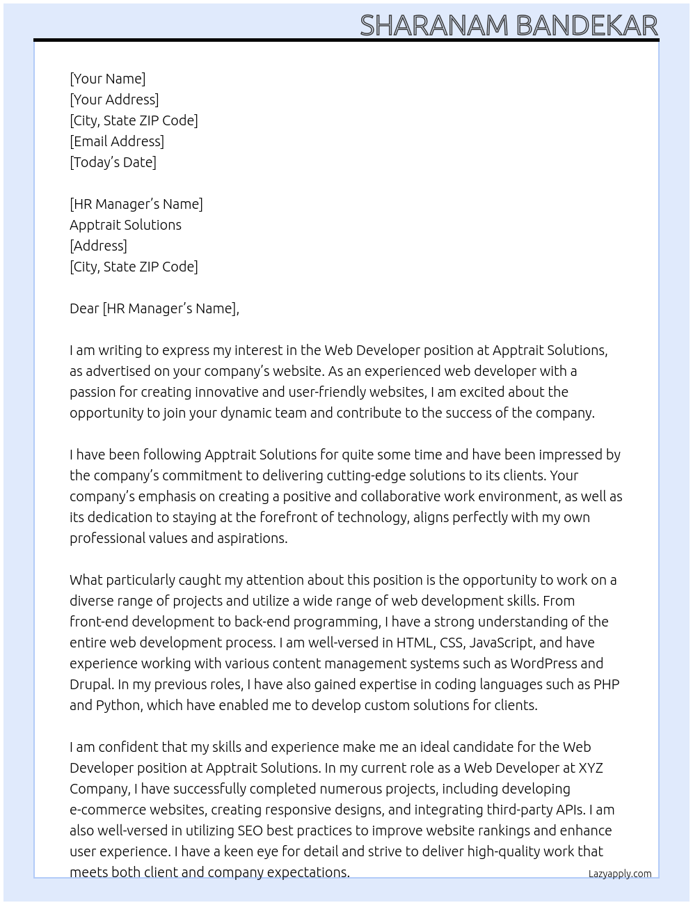 Cover letter for web developer - LazyApply