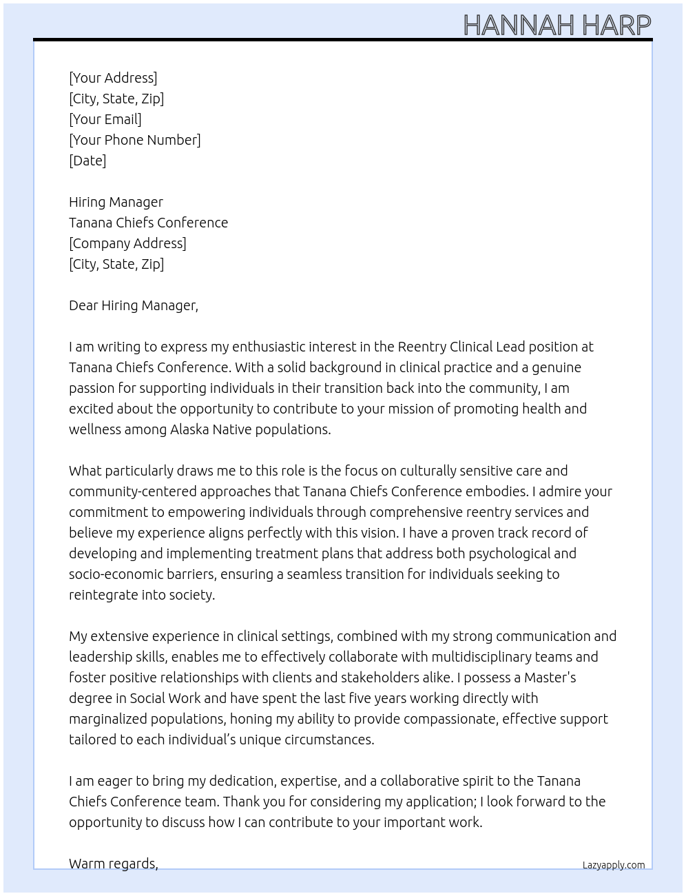 Cover letter for reentry clinical lead - LazyApply