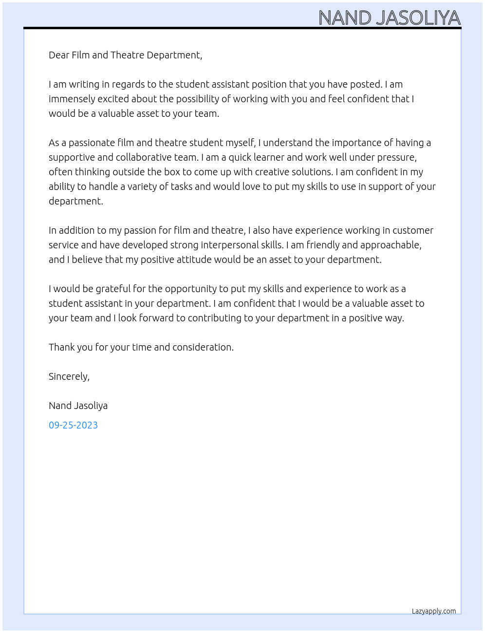 Cover letter for student assistant - LazyApply
