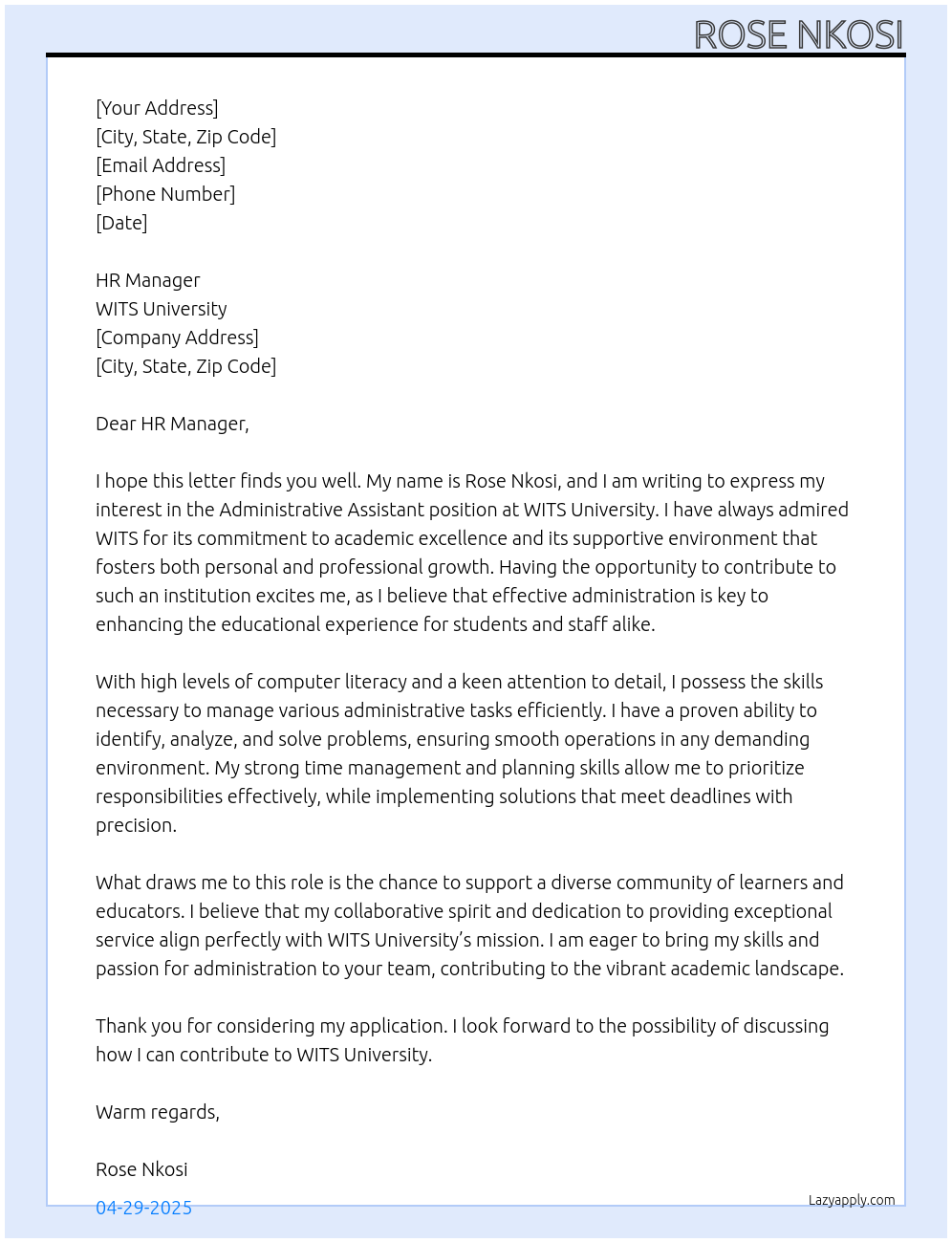 Cover letter for administrative assistant. - LazyApply