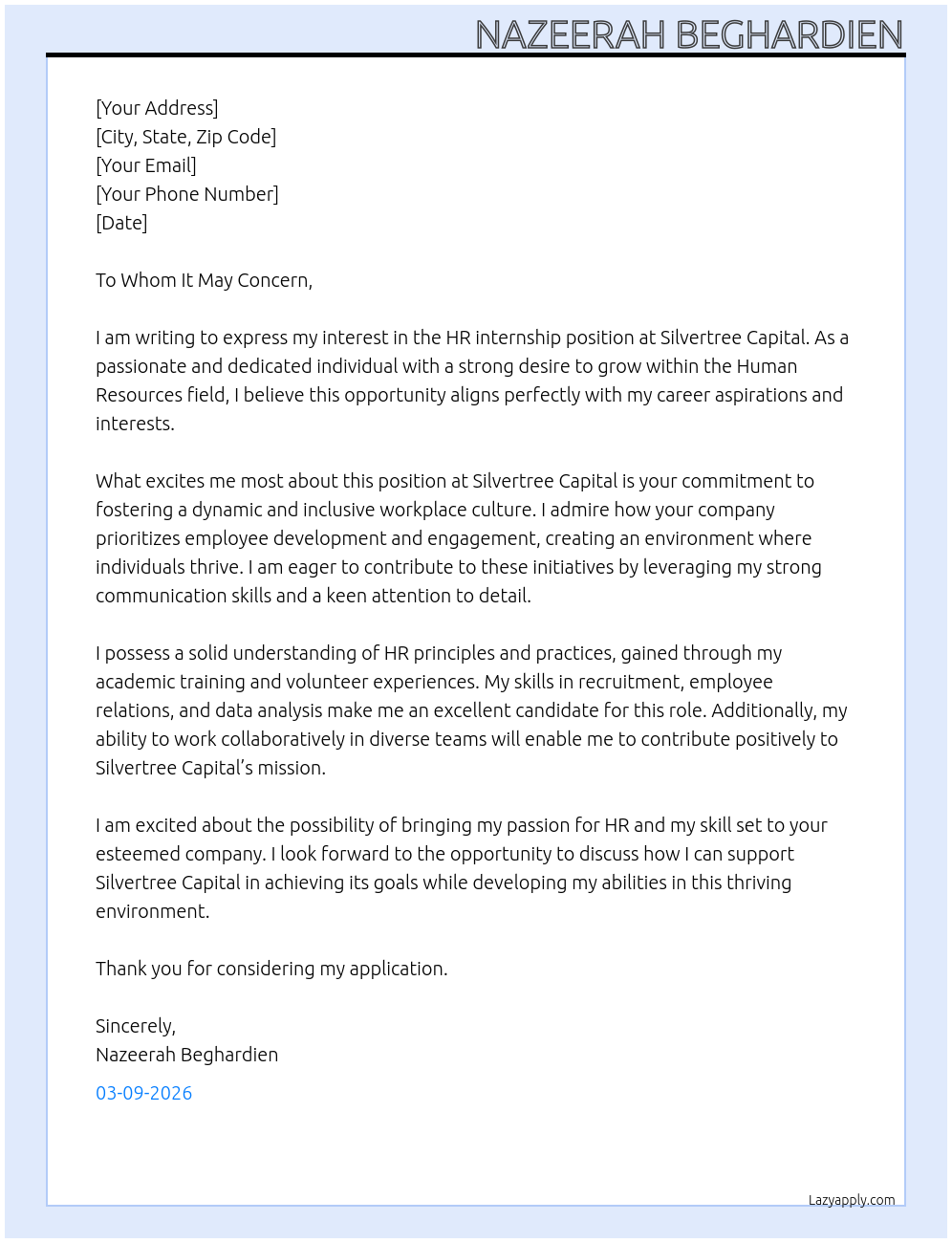 Cover letter for silvertree capital - LazyApply