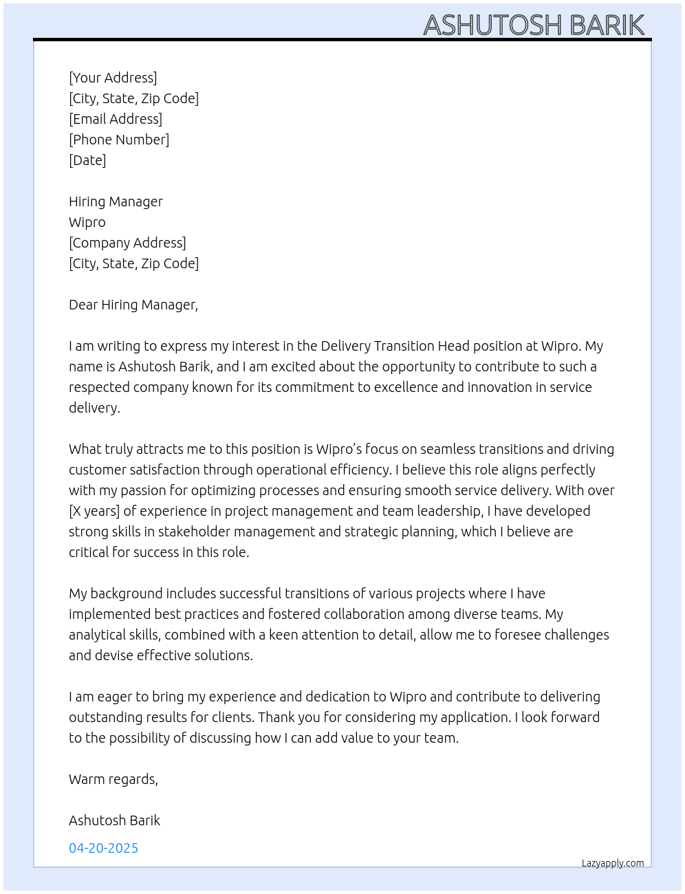 Cover letter for delivery transition head - LazyApply