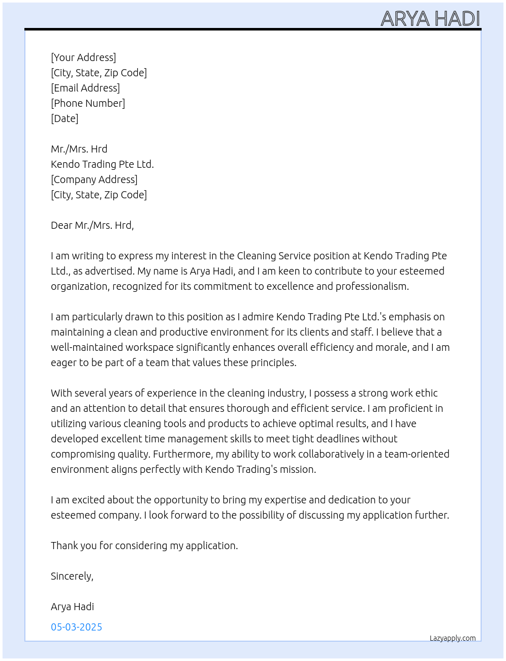 Cover letter for cleaning service - LazyApply