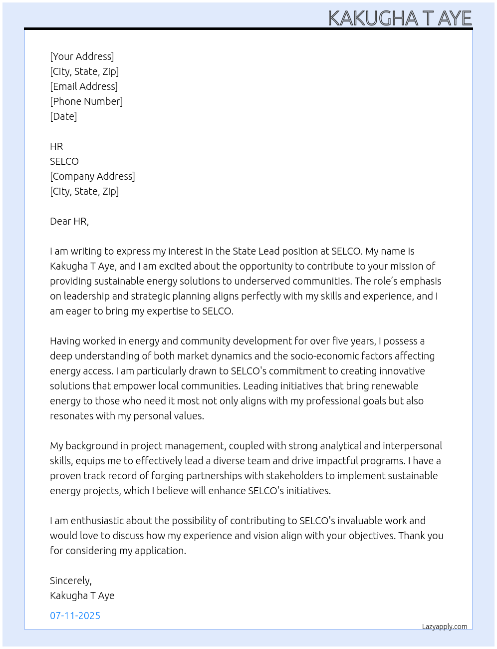Cover letter for state lead - LazyApply