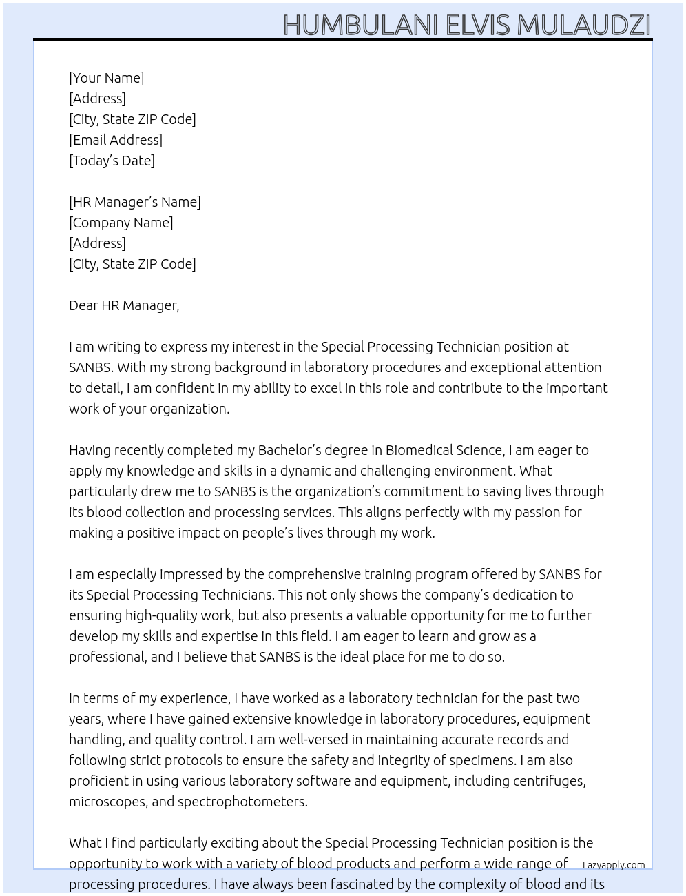 Cover letter for special processing technician - LazyApply