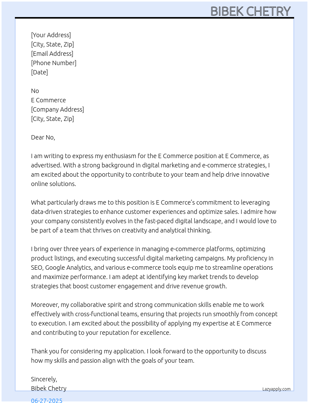 Cover letter for e commerce - LazyApply