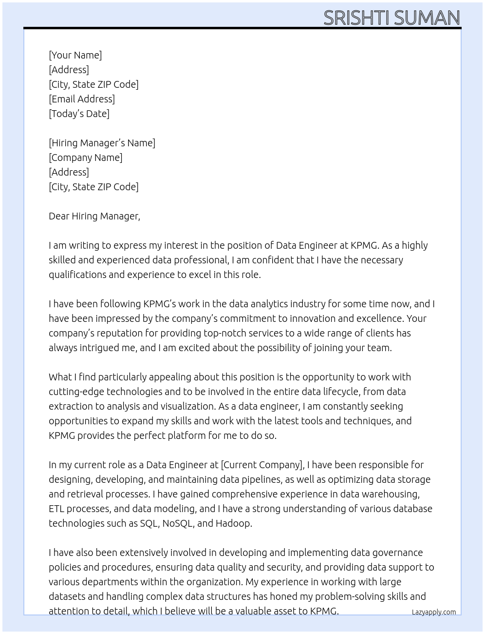 Cover letter for data engineer - LazyApply