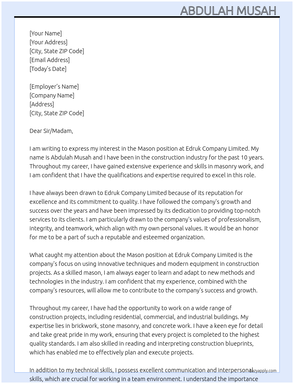 Cover letter for mason - LazyApply