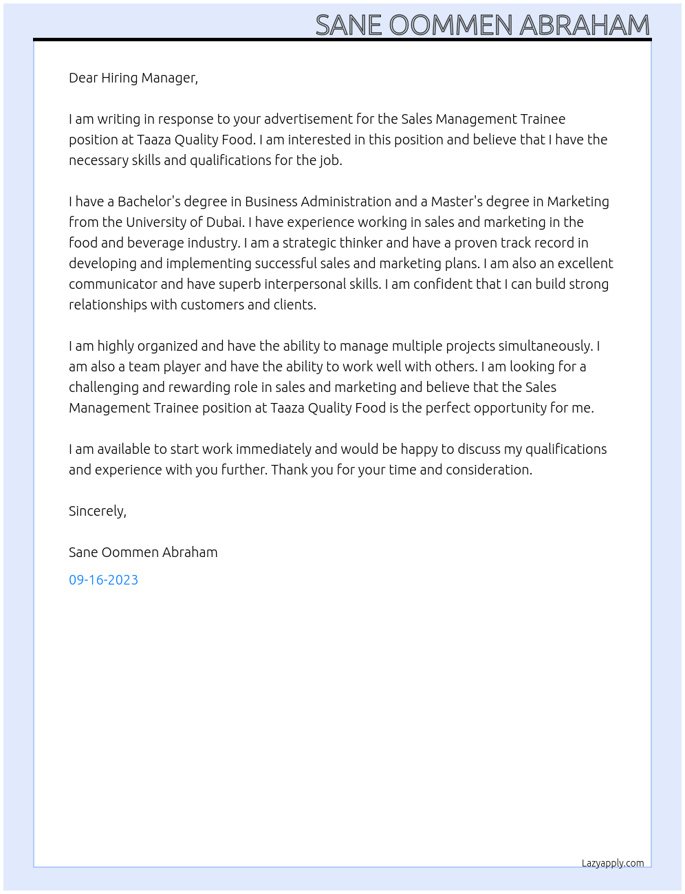 Cover letter for sales management trainee - LazyApply