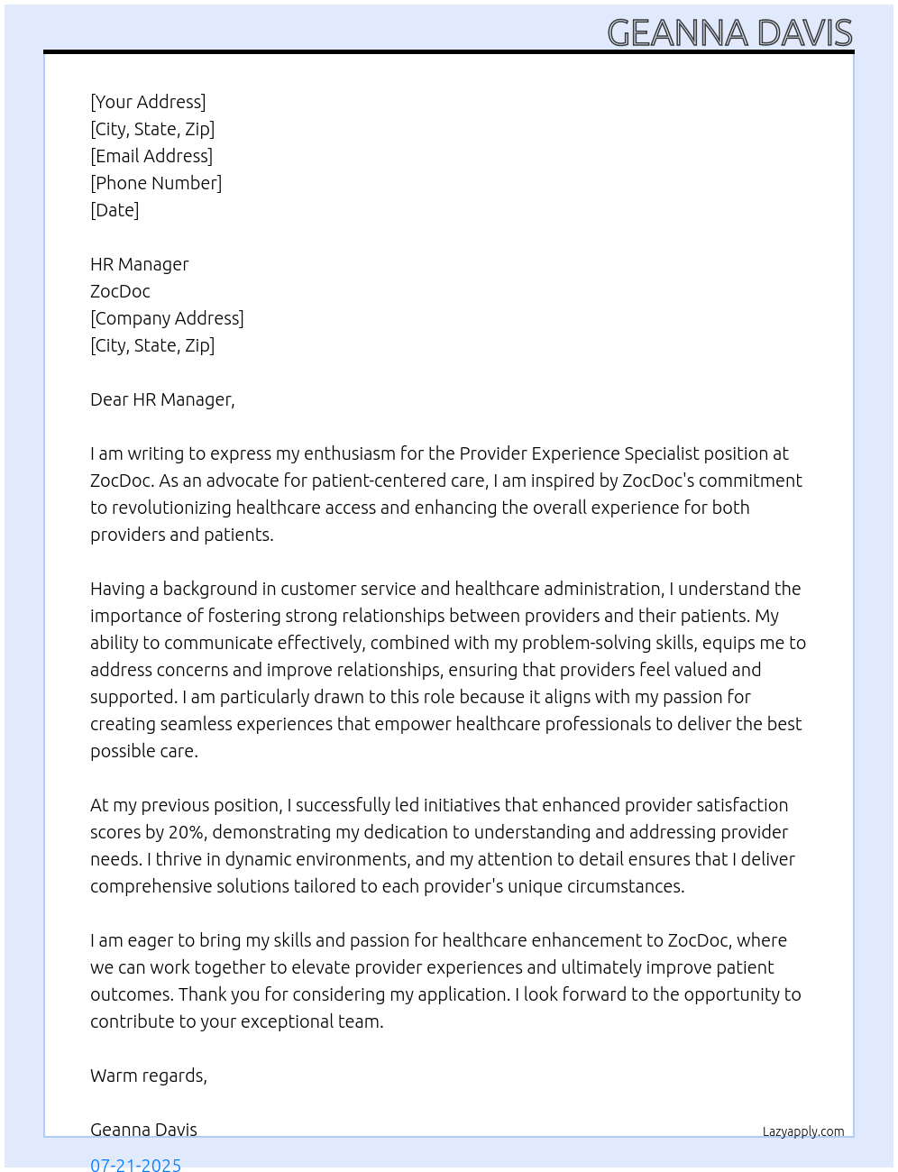 Cover letter for provider experience specialist - LazyApply