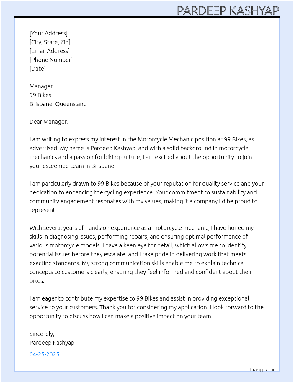 Cover letter for motorcycle mechanic - LazyApply