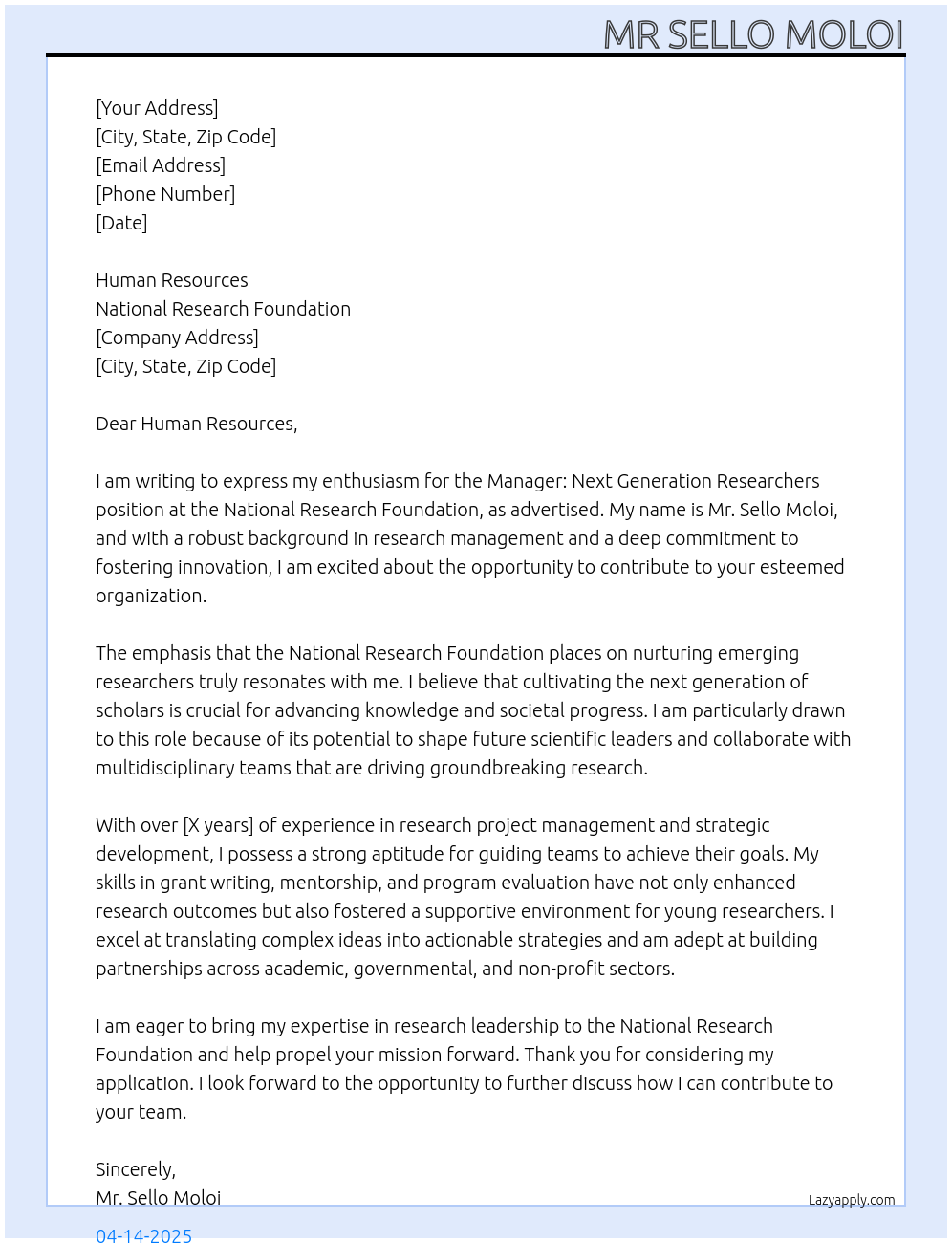 Cover letter for manager: next generation researchers - LazyApply