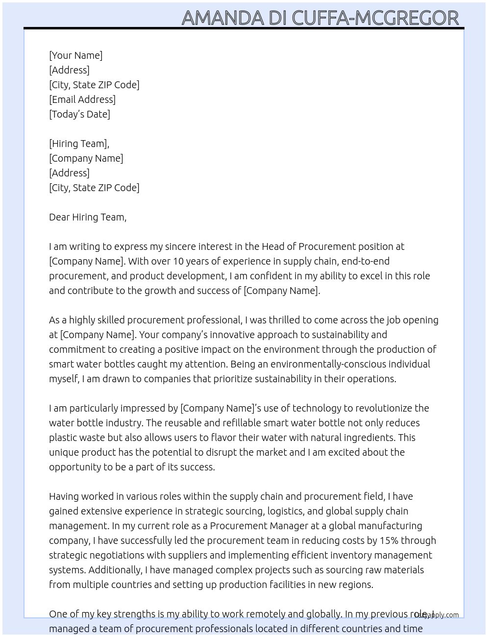 Cover letter for head of procurement - LazyApply