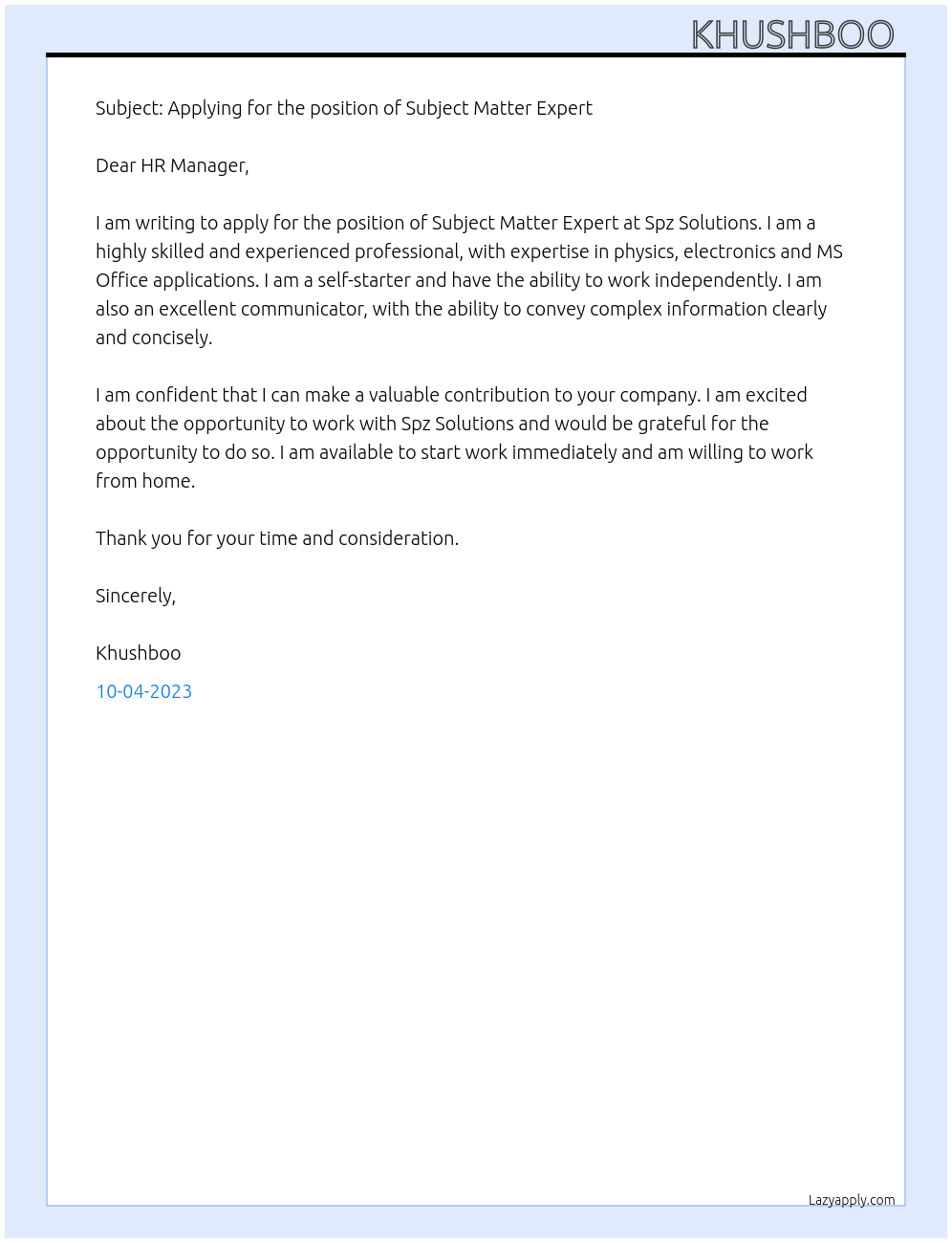 Cover letter for subject matter expert - LazyApply