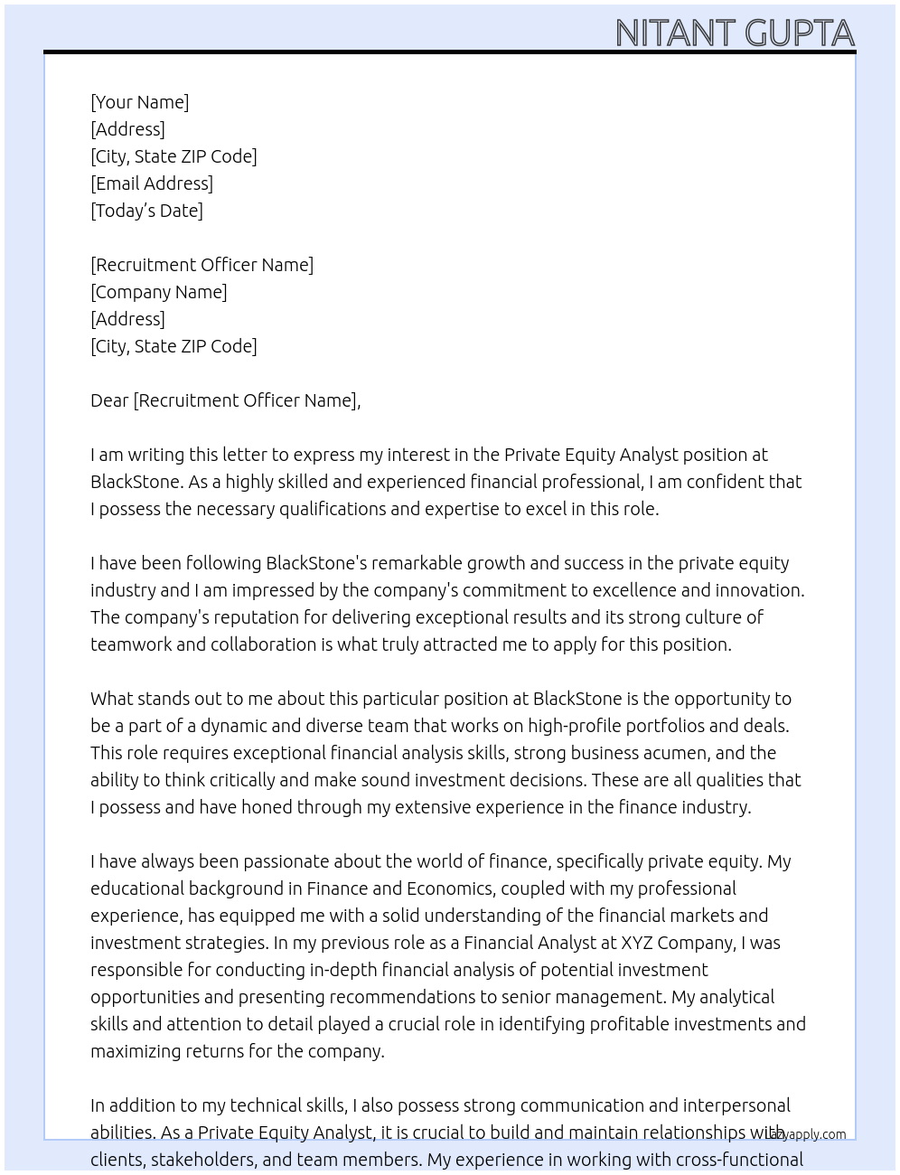 Cover letter for private equity analyst - LazyApply
