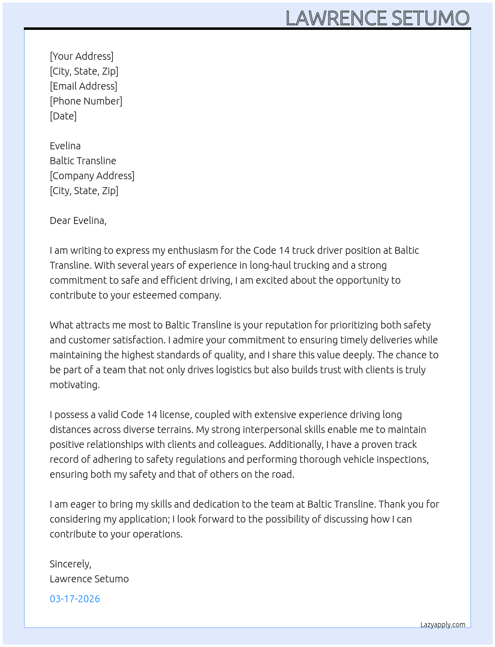 Cover letter for baltic transline - LazyApply