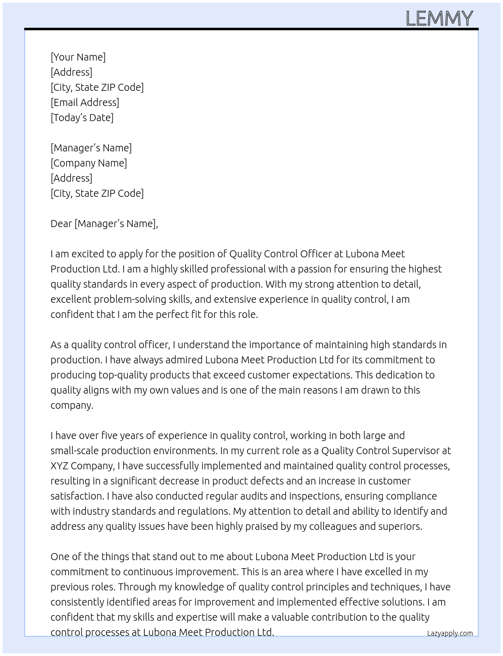 Cover letter for quality control officer - LazyApply