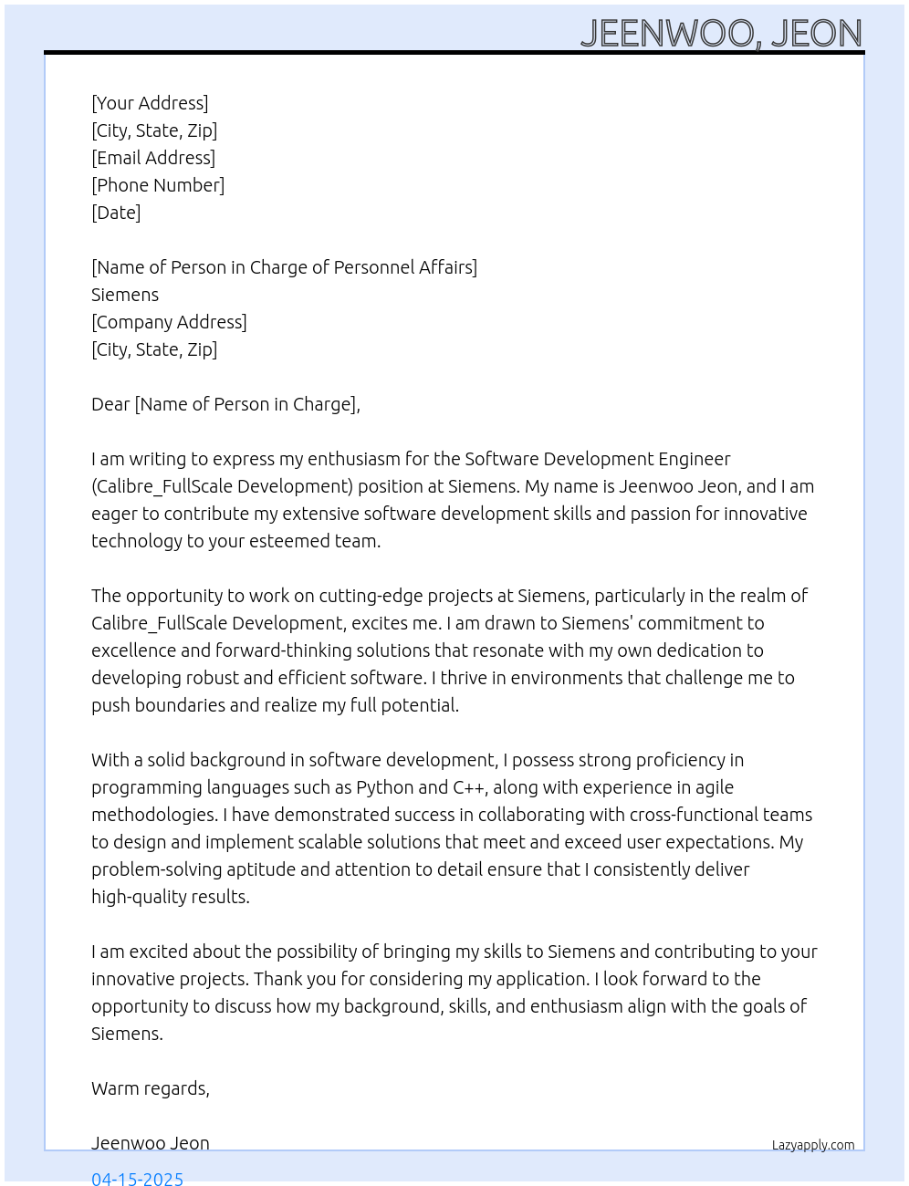 Cover letter for siemens - LazyApply