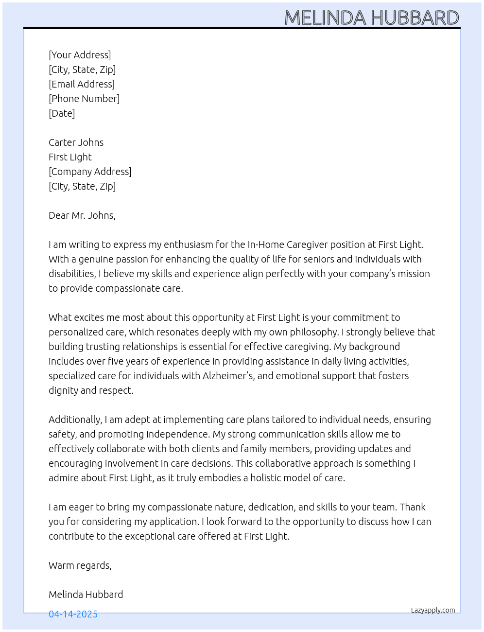 Cover letter for in home caregiver - LazyApply
