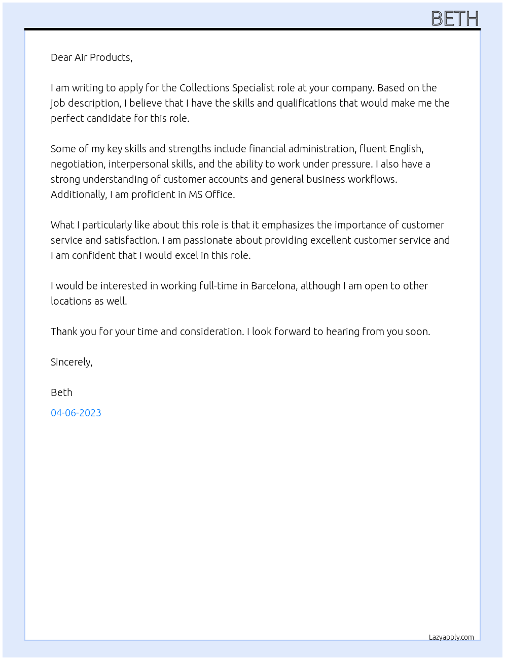 Cover letter for collections specialist - LazyApply