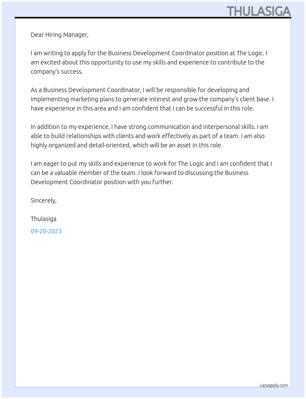 Cover letter for business development coordinator - LazyApply