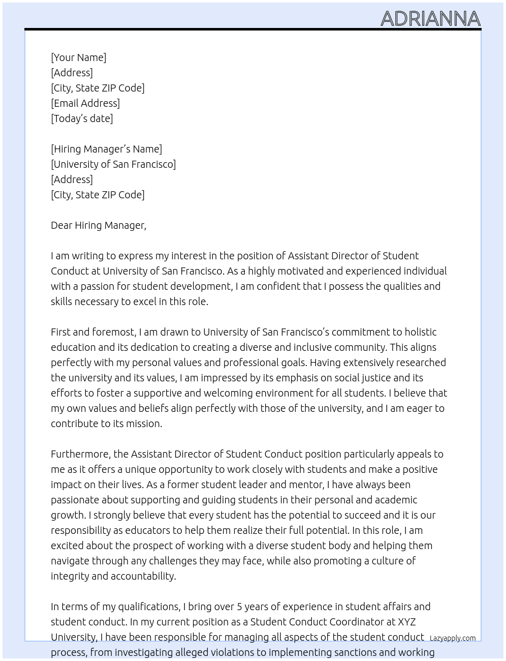 Cover letter for assistant director student conduct - LazyApply