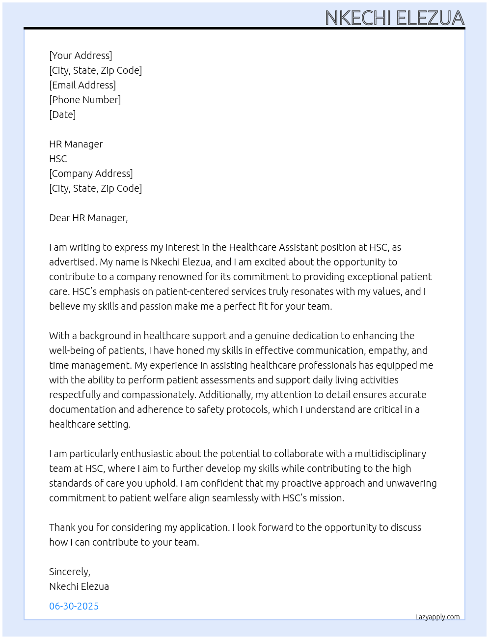 Cover letter for healthcare assistnt - LazyApply