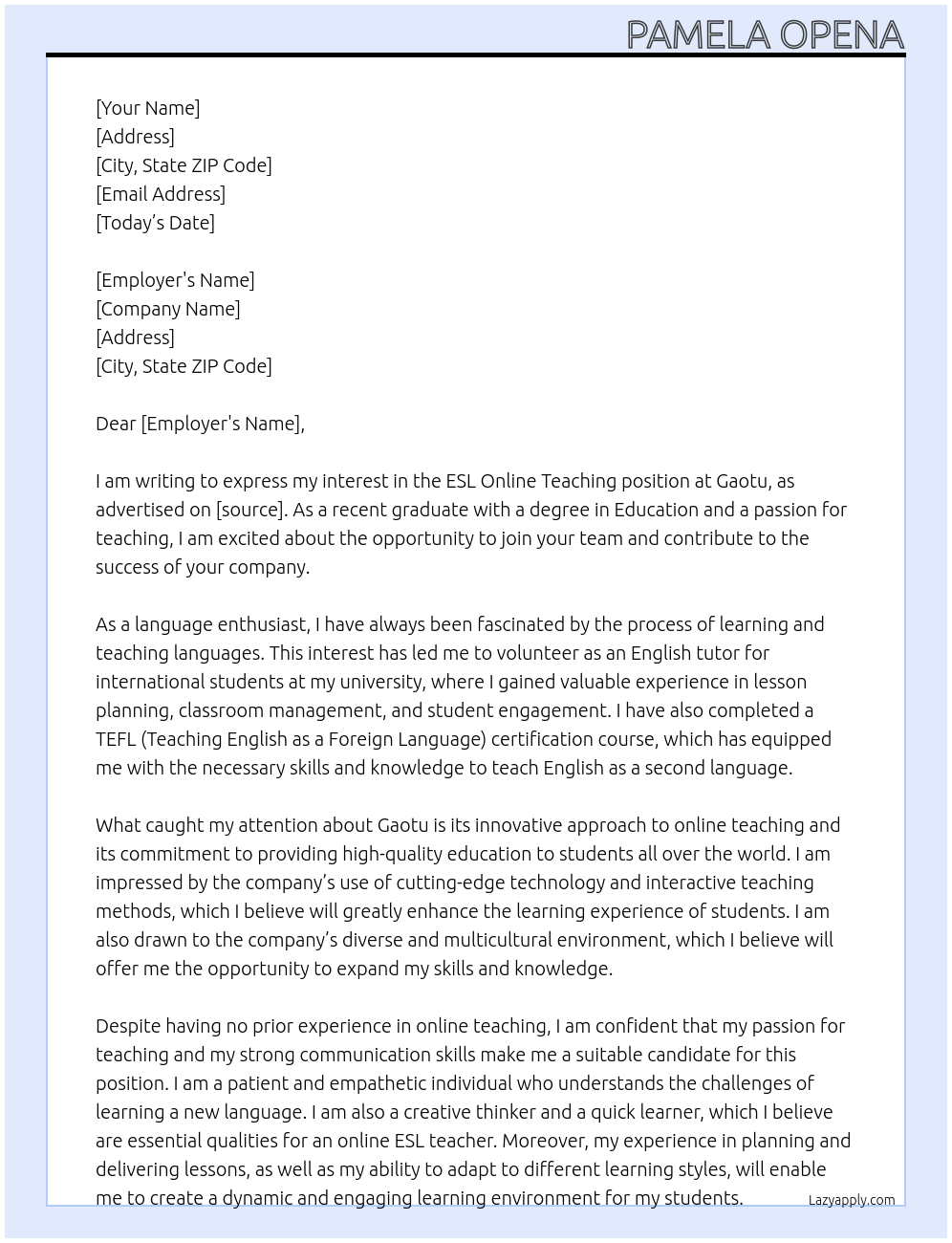 Cover letter for esl online teaching no experience - LazyApply