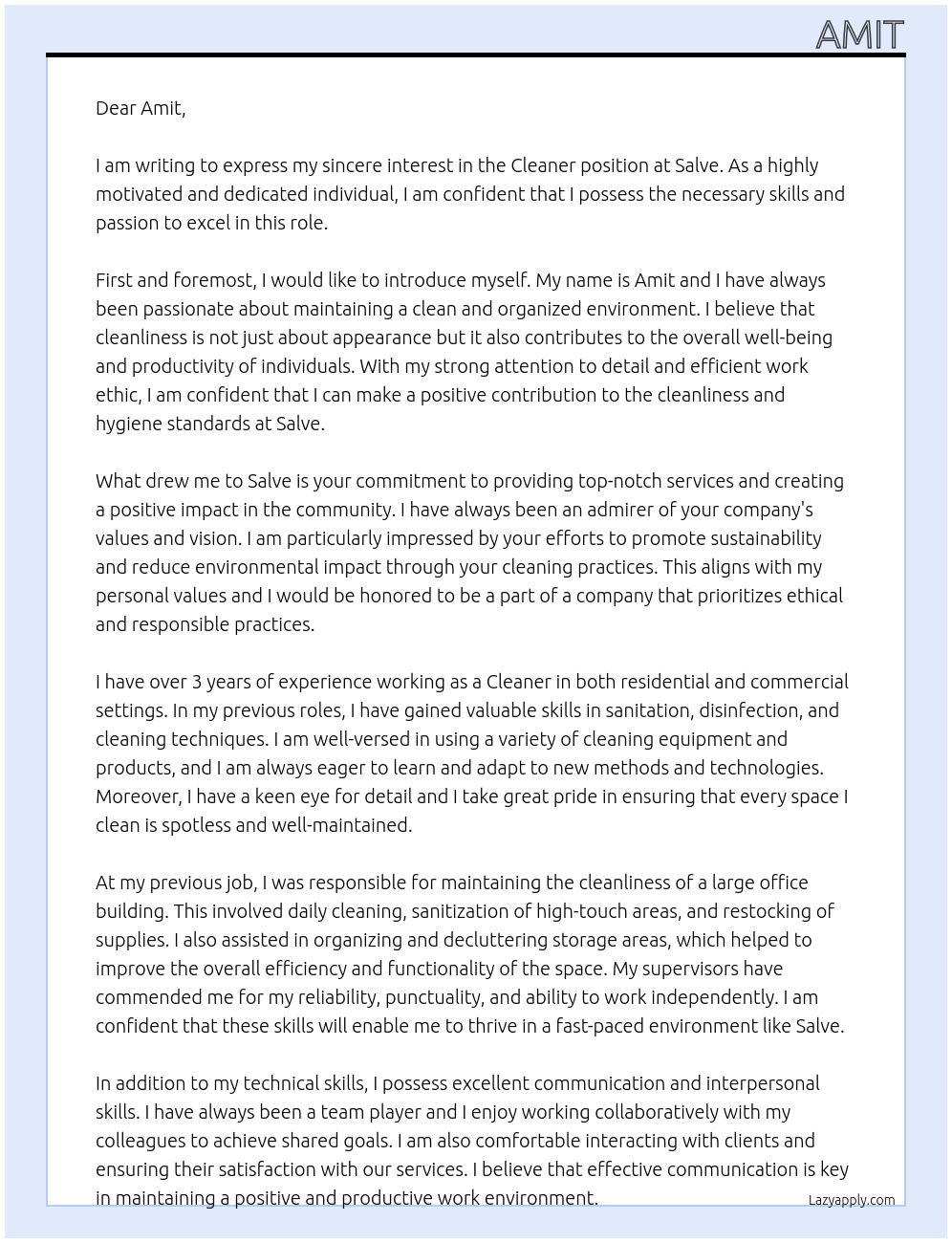 Cover letter for cleaner - LazyApply