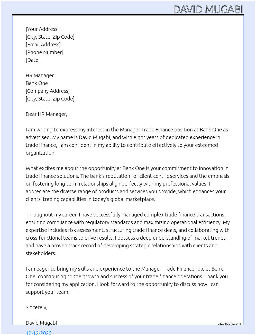 Cover letter for manager trade finance - LazyApply