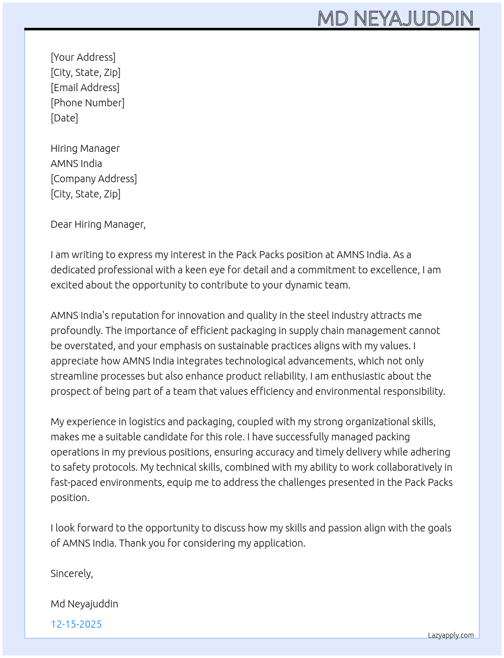 Cover letter for pack packs - LazyApply