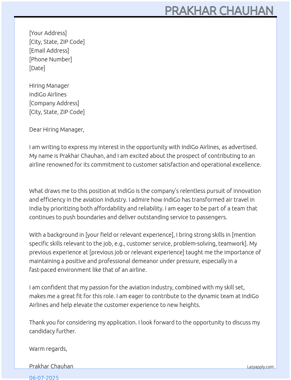 Cover letter for indigo airline job - LazyApply