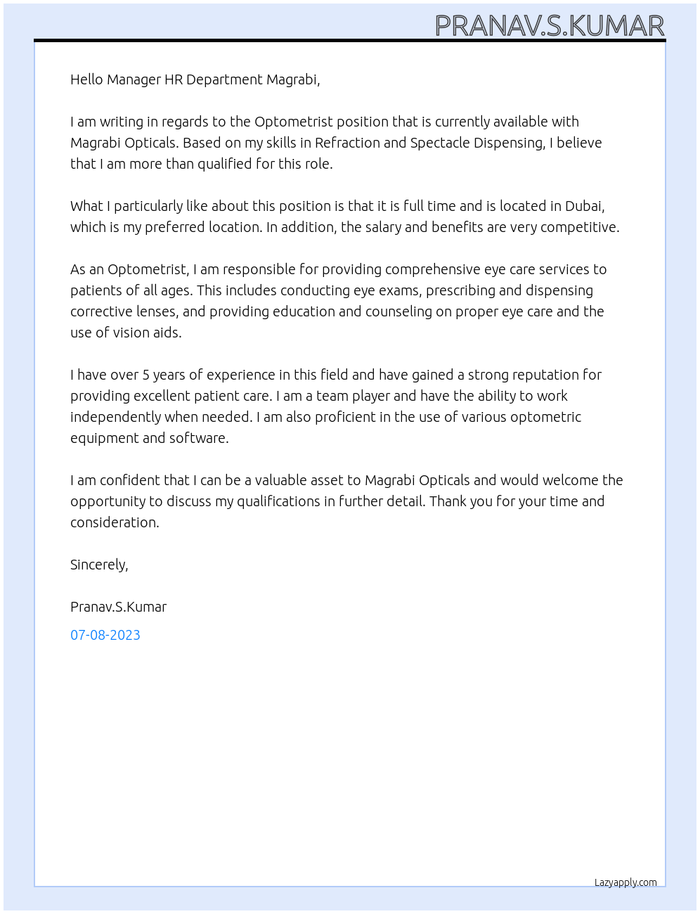 Cover letter for optometrist - LazyApply
