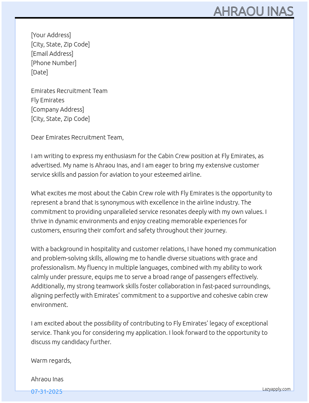 Cover letter for cabin crew - LazyApply