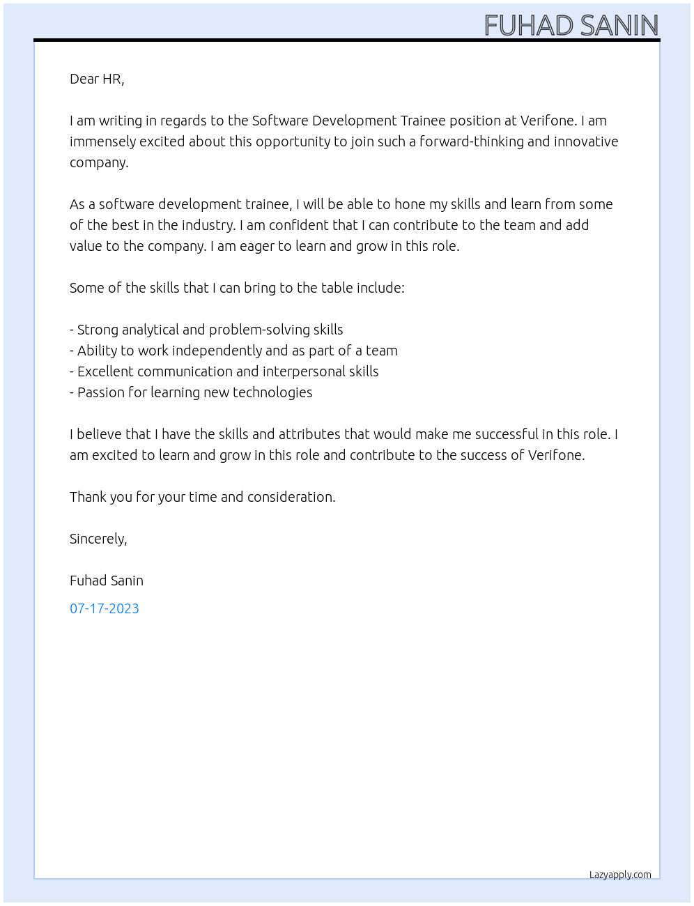 Cover letter for verifone - LazyApply
