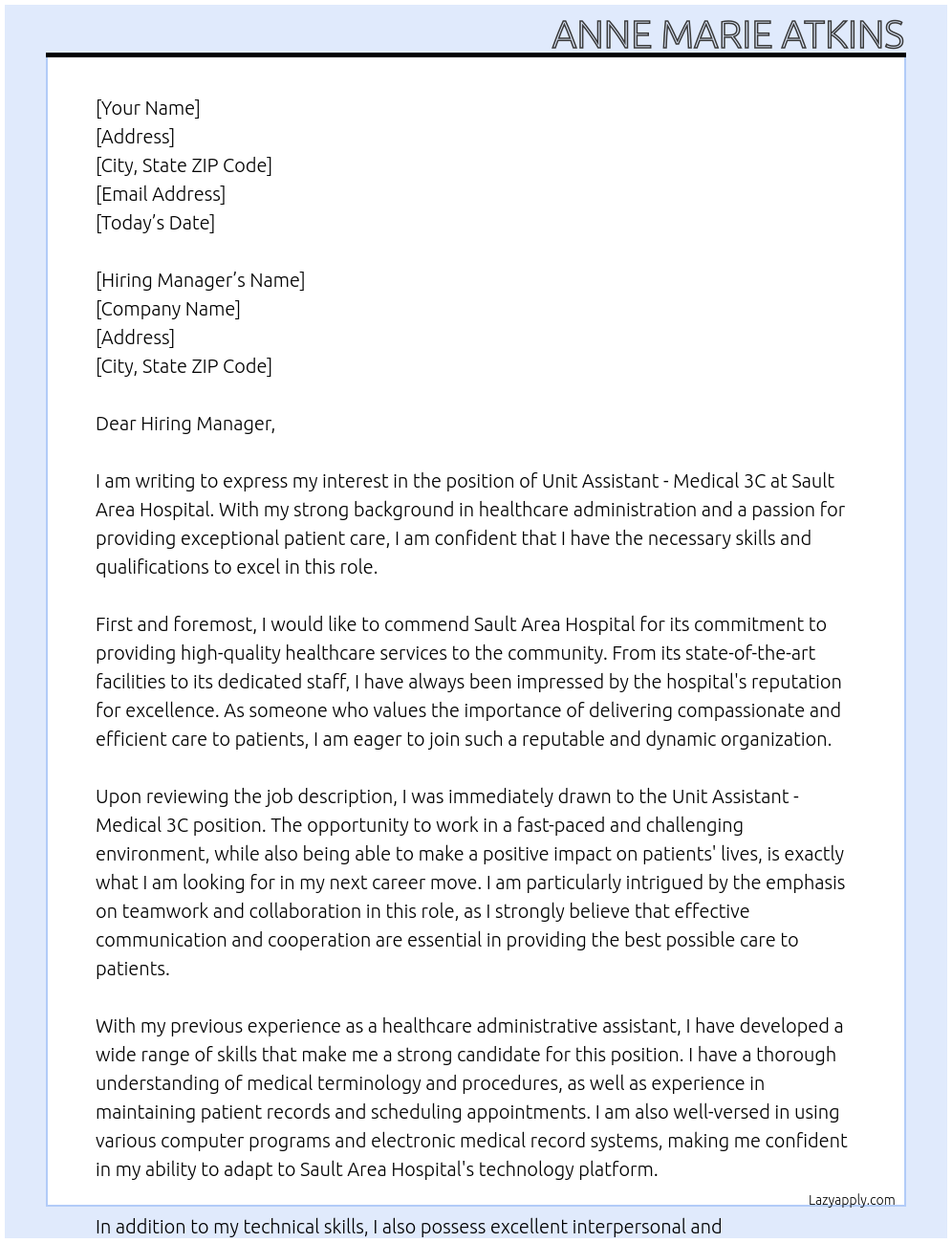 Cover letter for unit assistant - medical 3c - LazyApply