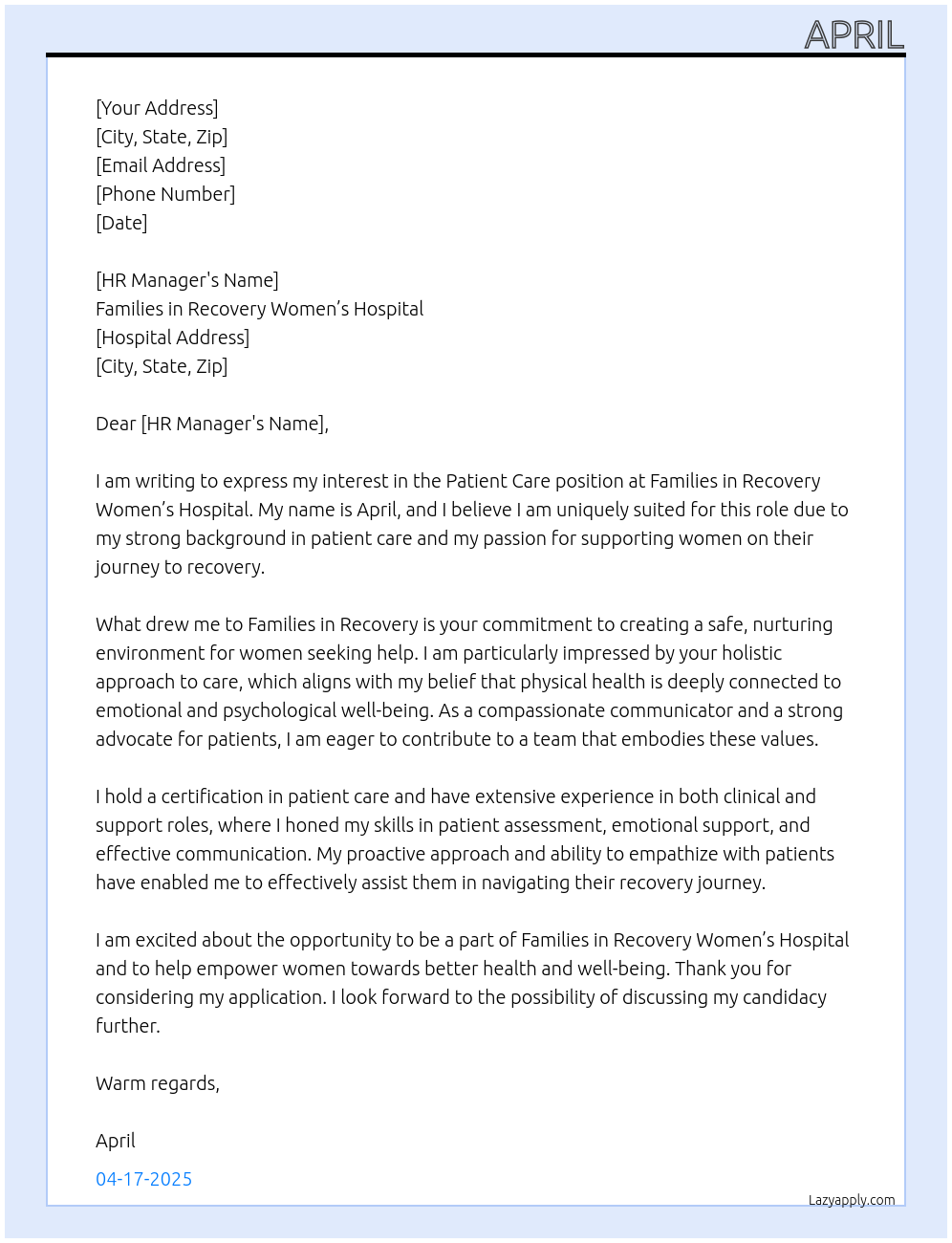 Cover letter for patient care - LazyApply