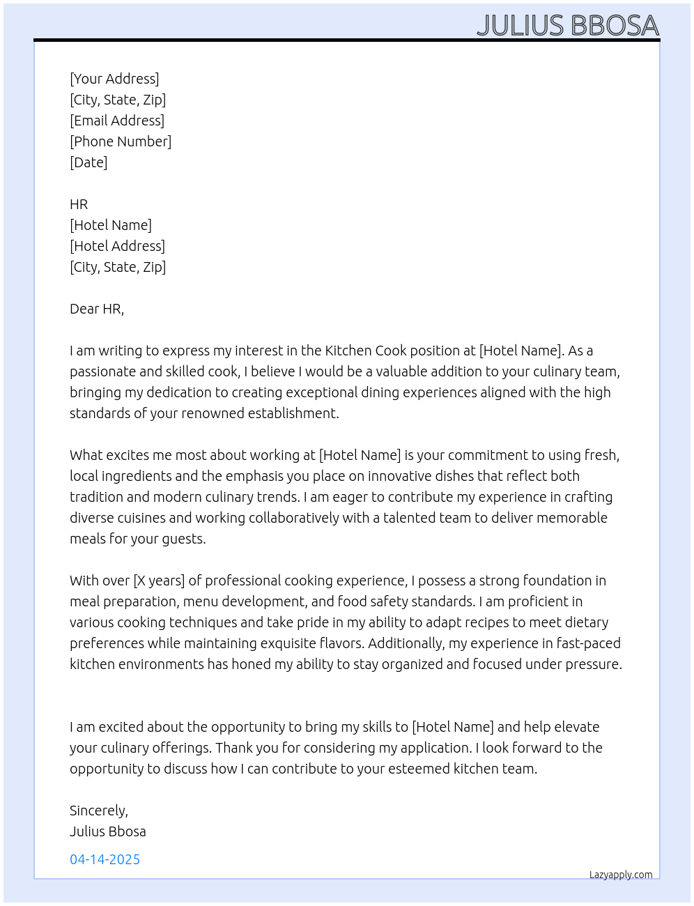 Cover letter for kitchen cook - LazyApply