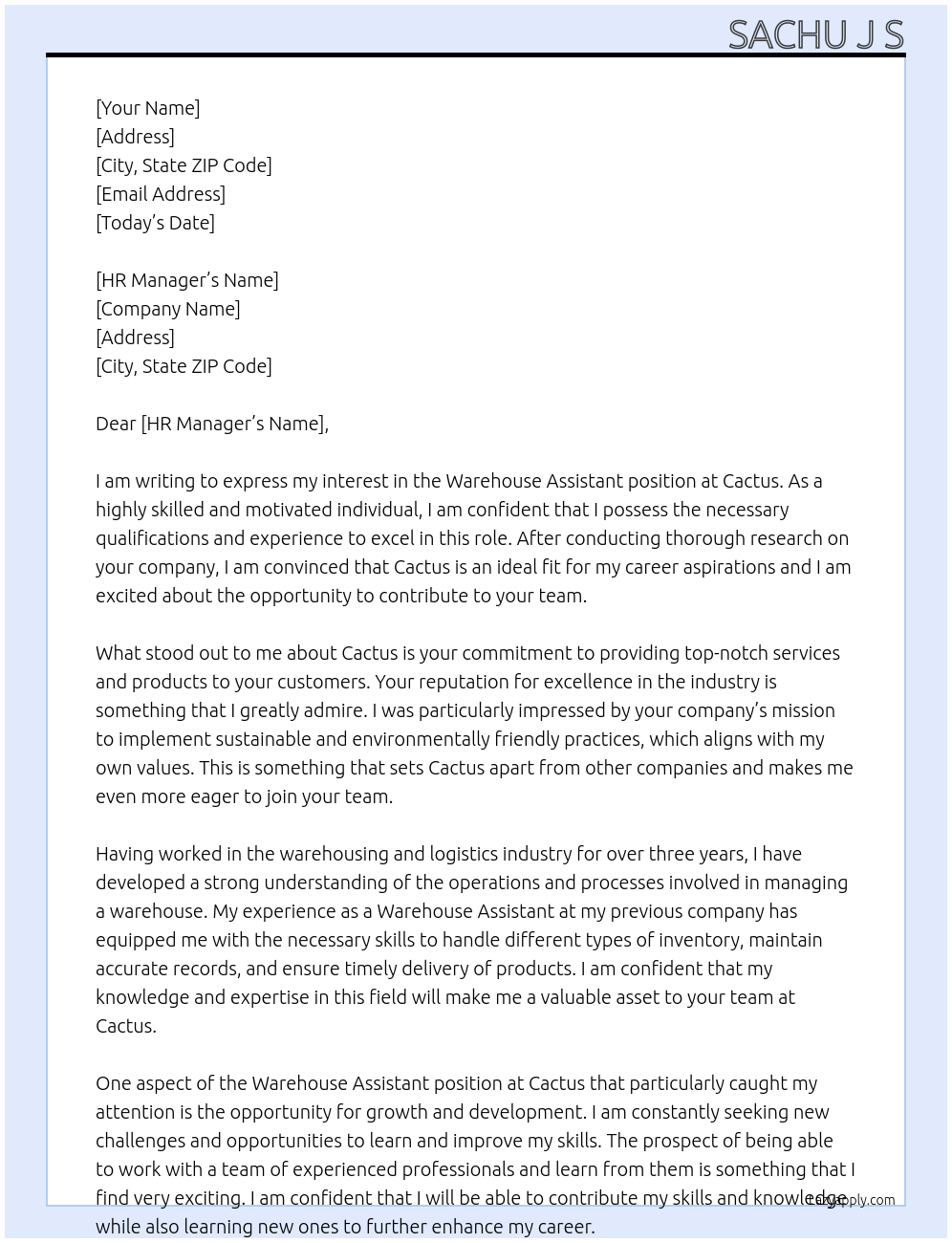 Cover letter for warehouse assistant - LazyApply