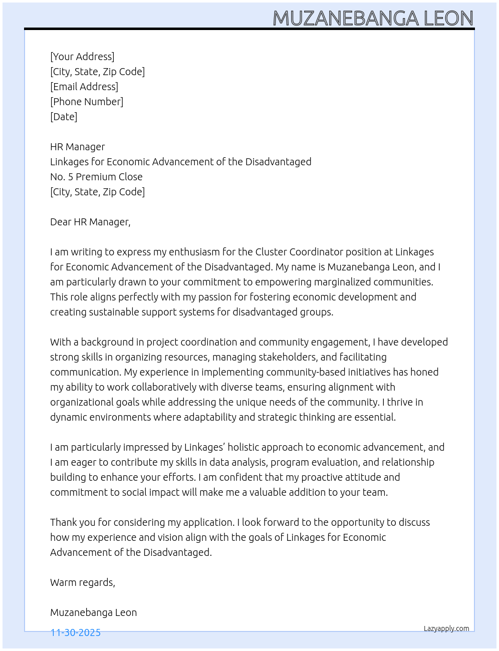 Cover letter for cluster coordinator - LazyApply